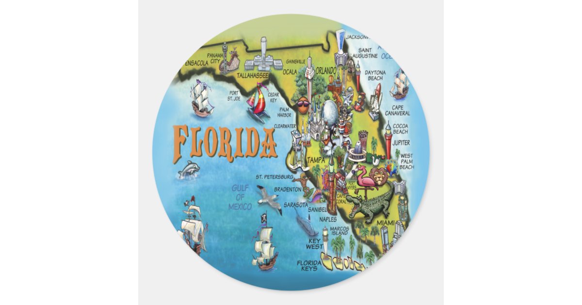 Adesivo Redondo Mapa de Cartoons da Flórida | Zazzle Brasil