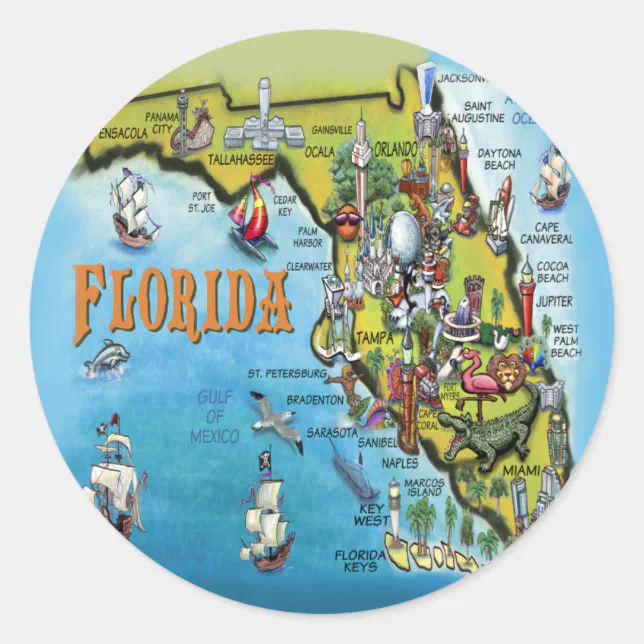 Adesivo Redondo Mapa de Cartoons da Flórida | Zazzle Brasil