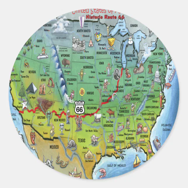 Adesivo Redondo Mapa de Cartoons da Rota 66 Histórica | Zazzle Brasil