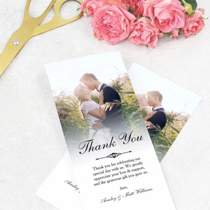 Cartão De Agradecimento Elegant Script Overlay Wedding Photo Thank You ...