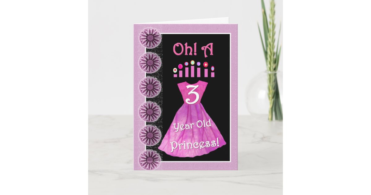 Cartão Happy 3rd Birthday Princess - Pink Dress & Candles | Zazzle Brasil