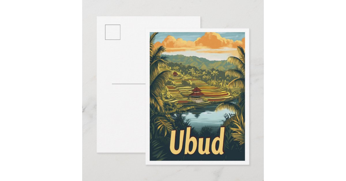 Cartão Postal Ilustração de Viagens vintage da Indonésia Ubud Ba ...