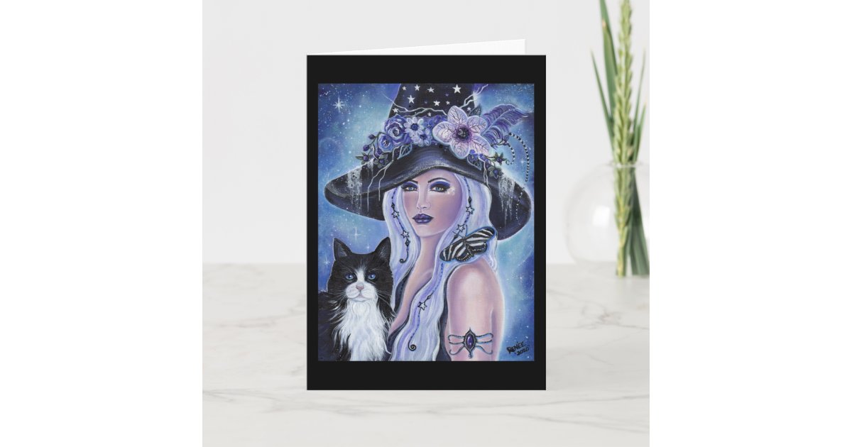 Cartão Witch with tuxedo cat art by Renee L. Lavoie | Zazzle Brasil