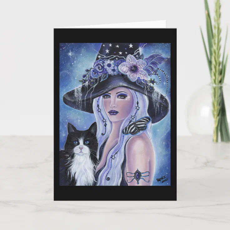 Cartão Witch with tuxedo cat art by Renee L. Lavoie | Zazzle.com.br