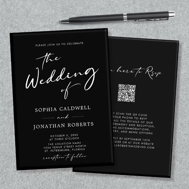 Convite Código QR RSVP Caligrafia Preto e Casamento Branco | Zazzle Brasil