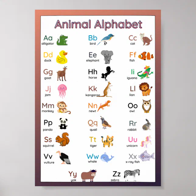Kids Animal Alphabet Wall Chart Poster | Zazzle Brasil