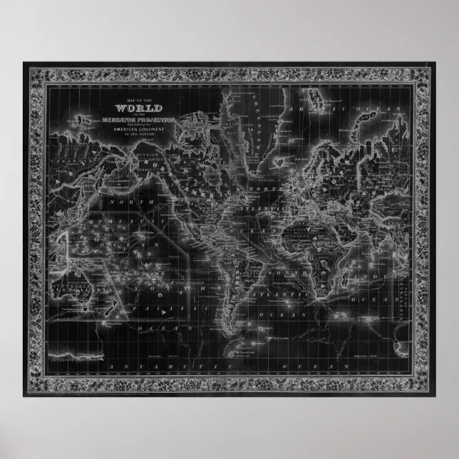Poster Black and White World Map (1864) Inverse | Zazzle Brasil