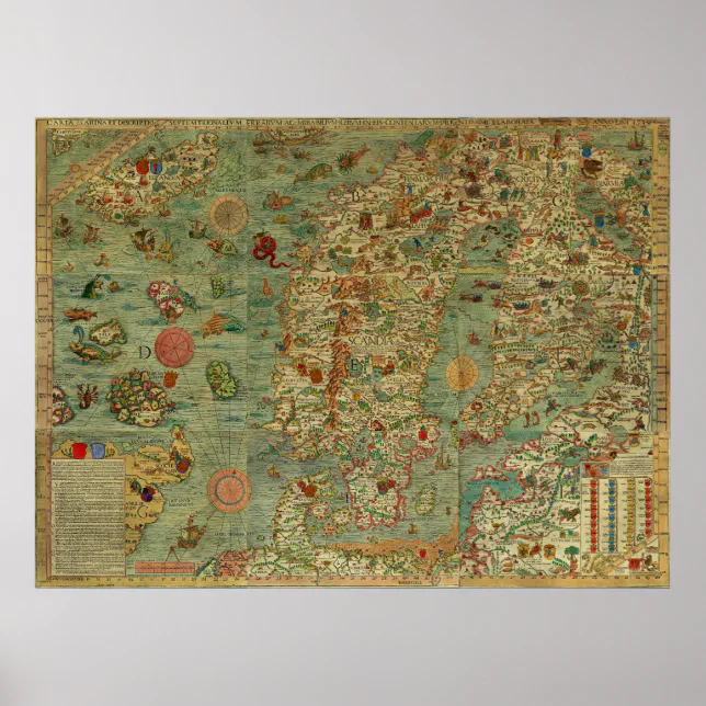 Pôster Carta Marina Mapa da Escandinávia por Olaus Magnus | Zazzle Brasil