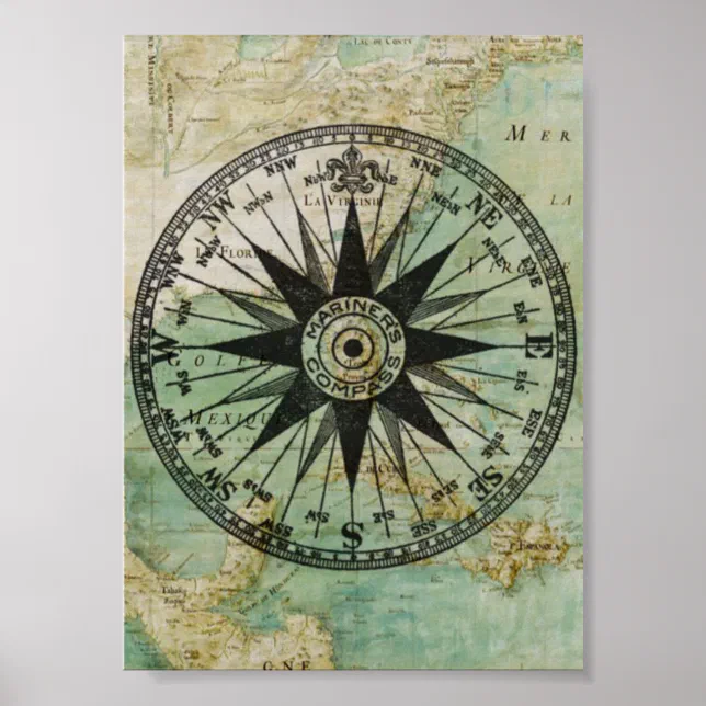 Poster de Compass e Mapa Náutico Antiquado | Zazzle Brasil