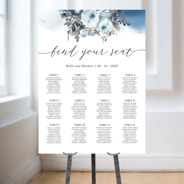 Poster Elegant Blue Floral Wedding Seating Chart Sign | Zazzle Brasil
