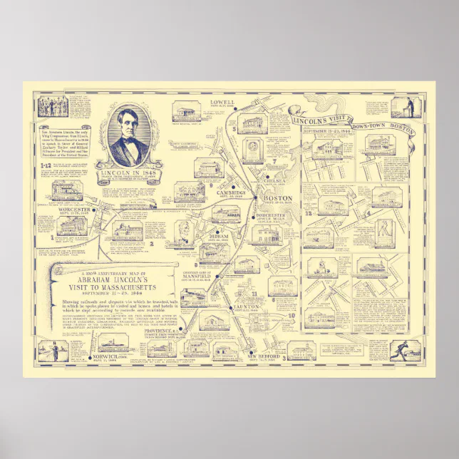 Poster Map of Abraham Lincoln's Visit to Massachusetts | Zazzle Brasil