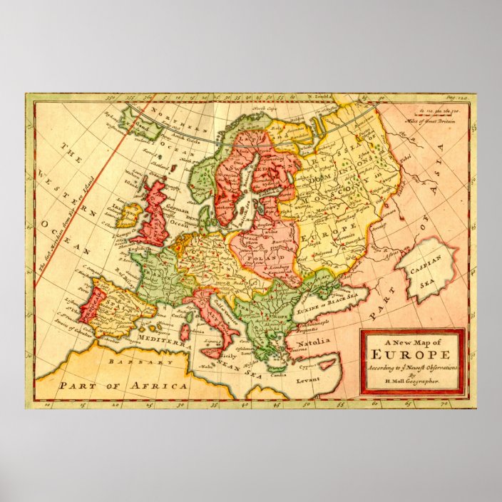 Pôster Mapa antigo do século XVIII da Europa Herman Moll | Zazzle.com.br