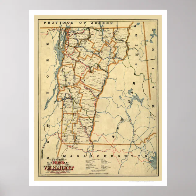 Pôster Mapa da Vermont Railroad & Town 1896 | Zazzle Brasil