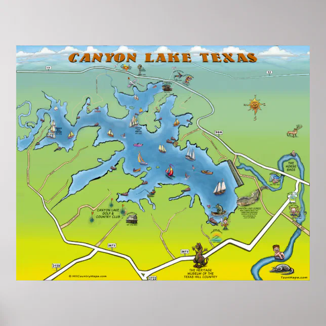 Pôster Mapa de Cartoons do Lago Canyon Texas | Zazzle Brasil