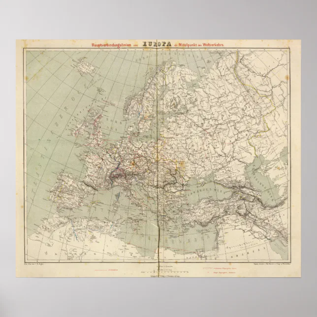 Pôster Mapa do Atlas Europeu mostrando ferrovias | Zazzle Brasil