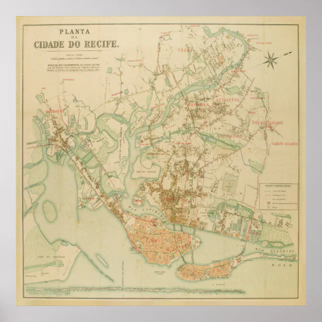 Poster Mapa do Recife Brasil (1906) | Zazzle Brasil