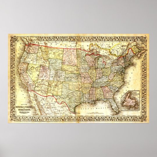 Poster Mapa dos Estados Unidos (século XIX) | Zazzle.com.br