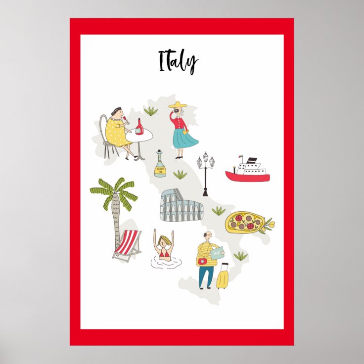 Poster Mapa Ilustrado de Atividades da Itália | Zazzle.com.br