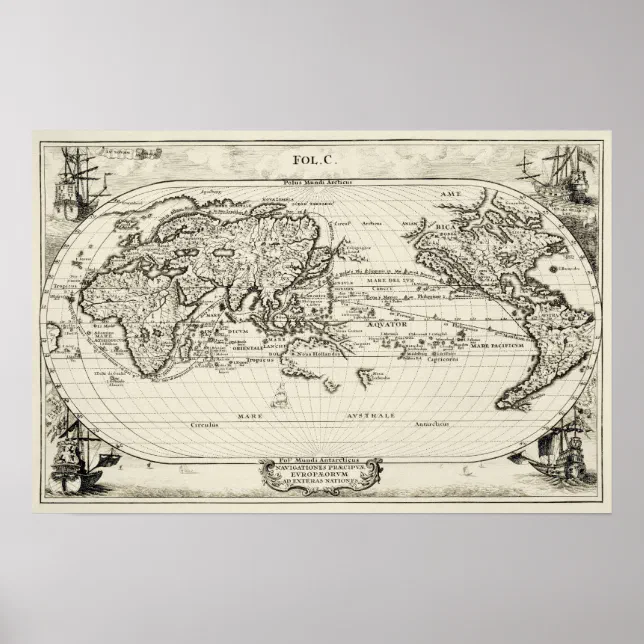 Pôster Mapa Mundial Antiquado do Século 16 com réplica de | Zazzle Brasil