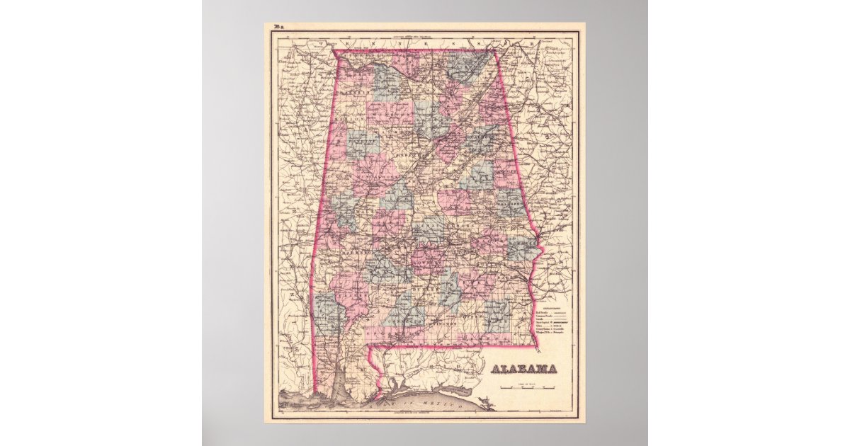 Poster Mapa Vintage dos condados do Alabama (1876) | Zazzle Brasil