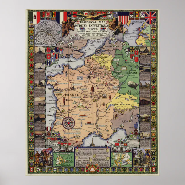 Pôster Mapa Wwi Da Força Expedicionária Americana 1932 Zazzle Brasil