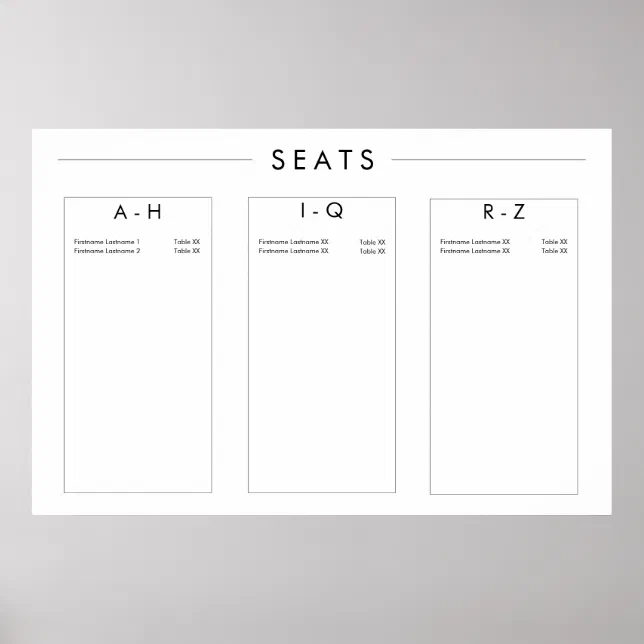 Poster Minimalist Black & White Seating Chart ABC Order | Zazzle Brasil