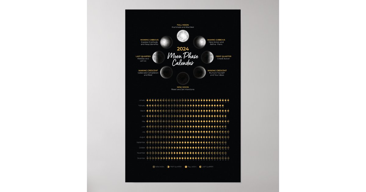 Poster Plano de Calendário Lunar da Fase da Lua 2024 e Ma | Zazzle Brasil