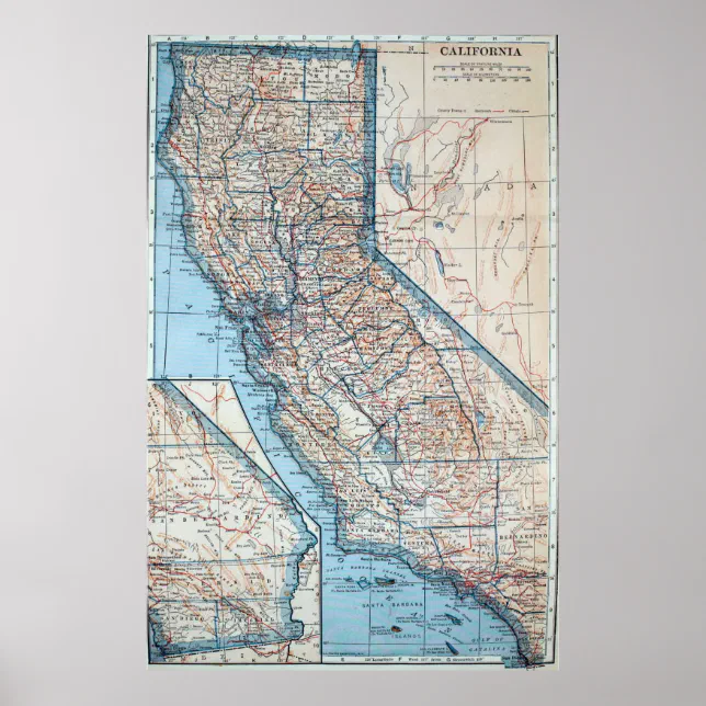 Pôster Vintage Map of California (1921) | Zazzle Brasil
