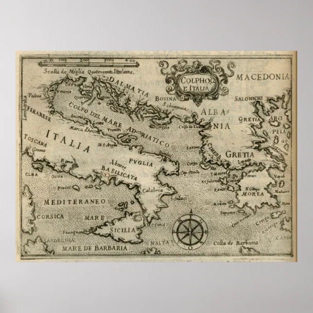 Pôster Vintage Map of Italy and Greece (1587) | Zazzle Brasil